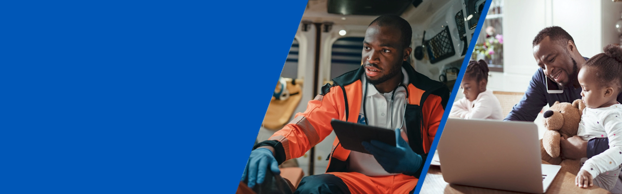 Responder working in truck, then on computer at home with children.